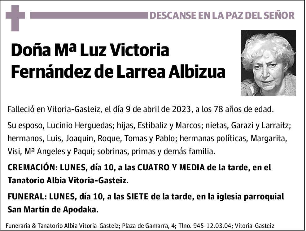 Maria Luz Victoria Fernandez De Larrea Albizua | Esquela | El Correo