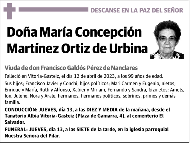 María Concepción Martínez Ortiz de Urbina | Esquela Necrológica | El Correo