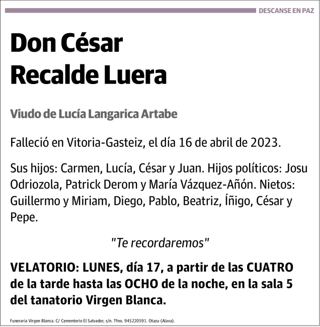 César Recalde Lucera | Esquela Necrológica | El Correo