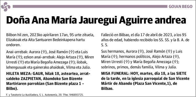 Ana María Jauregui Aguirre | Esquela Necrológica | El Correo