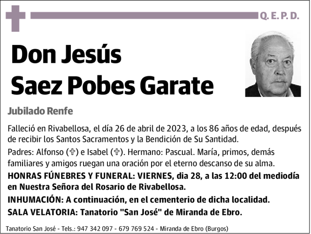 Jesús Saez Pobes Garate | Esquela Necrológica | El Correo