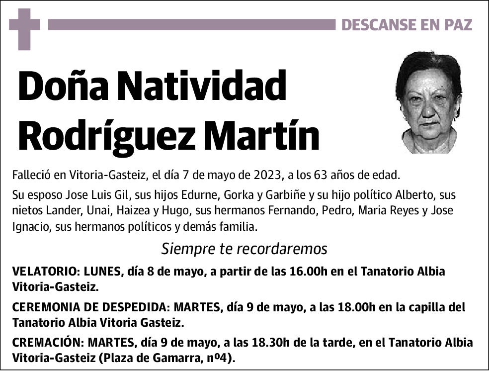 Natividad Rodríguez Martín | Esquela | El Correo