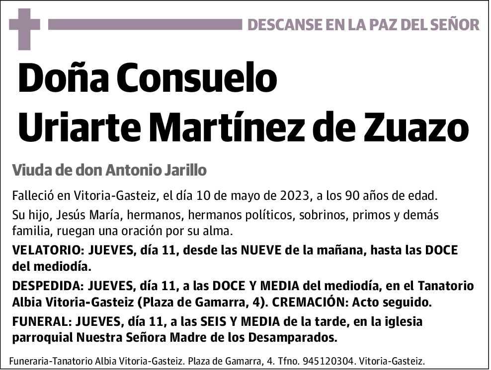 Consuelo Uriarte Martínez de Zuazo | Esquela | El Correo