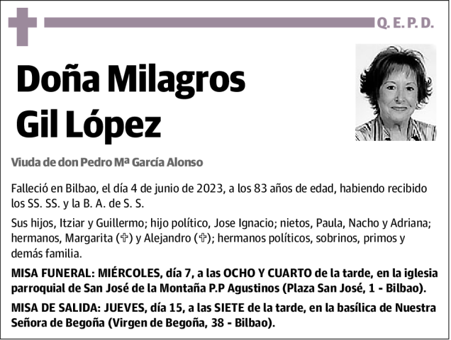 Milagros Gil López | Esquela Necrológica | El Correo