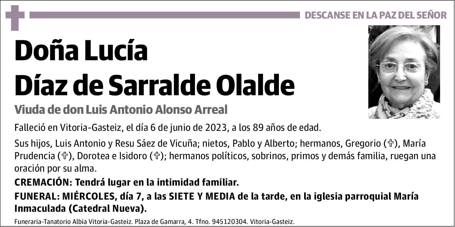 Lucía Díaz de Sarralde Olalde | Esquela | El Correo