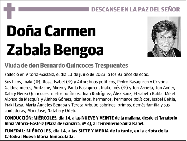Carmen Zabala Bengoa | Esquela Necrológica | El Correo