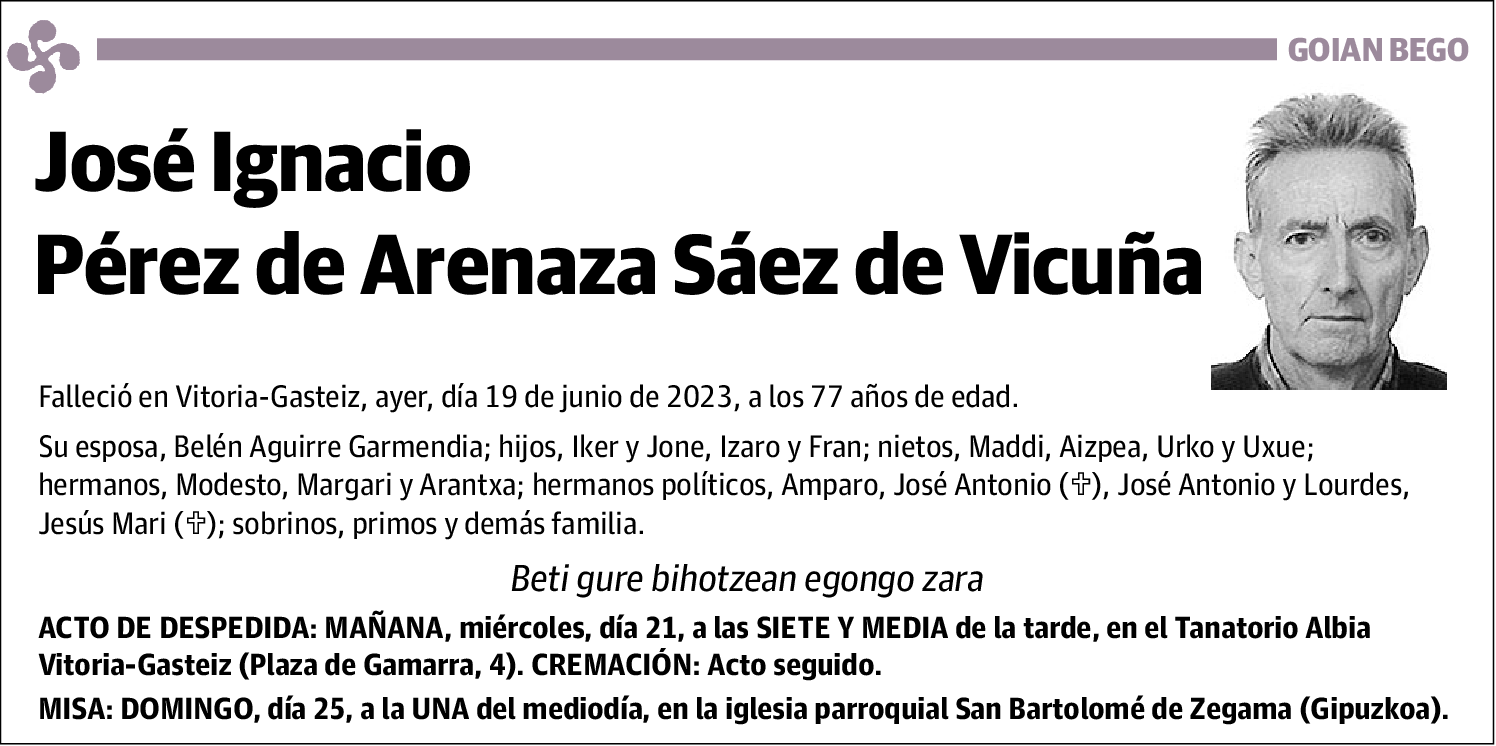 José Ignacio Pérez De Arenaza Sáez De Vicuña | Esquela | El Correo