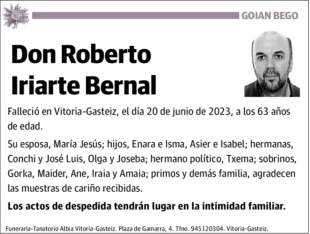 Roberto Iriarte Bernal | Esquela | El Correo