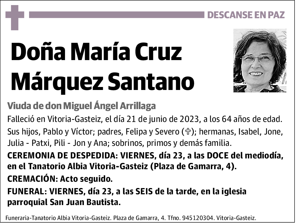 María Cruz Márquez Santano | Esquela | El Correo