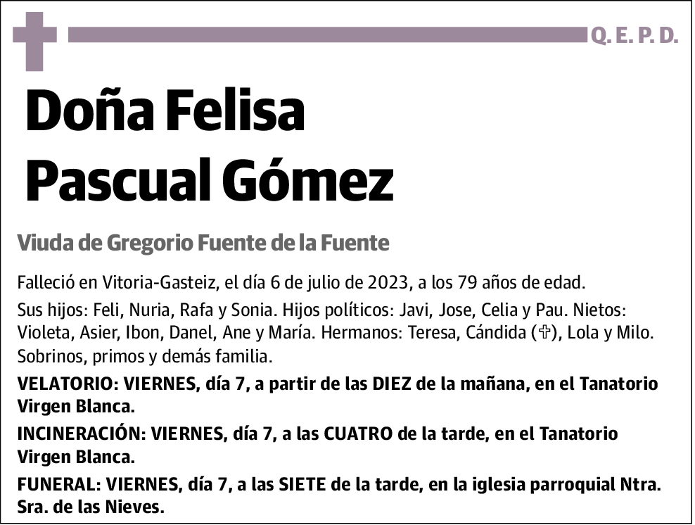 Felisa Pascual Gómez | Esquela | El Correo