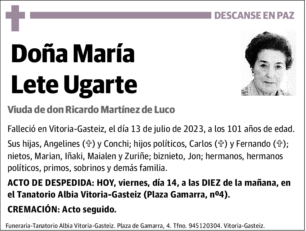 María Lete Ugarte | Esquela | El Correo
