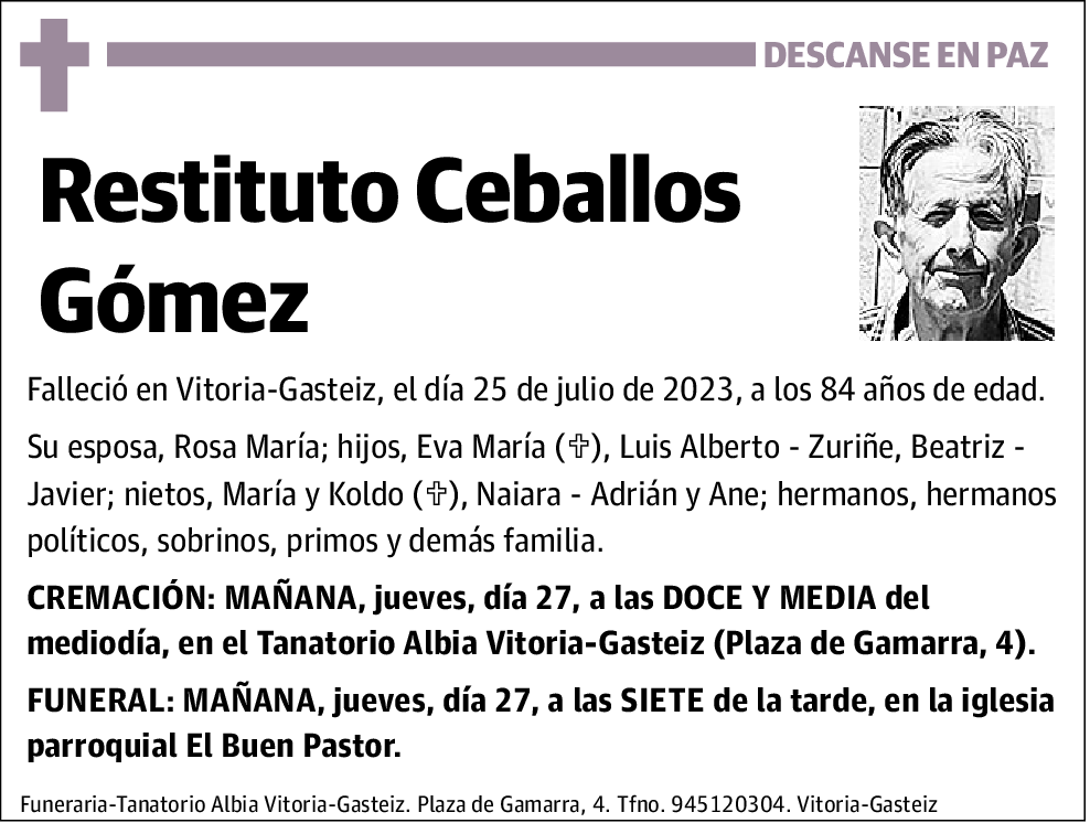 Restituto Ceballos Gómez | Esquela | El Correo