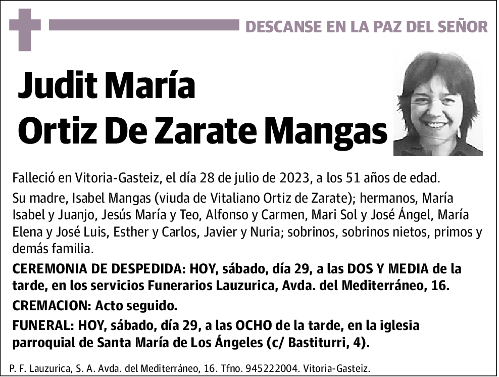 Judit Maria Ortiz De Zarate Mangas | Esquela | El Correo