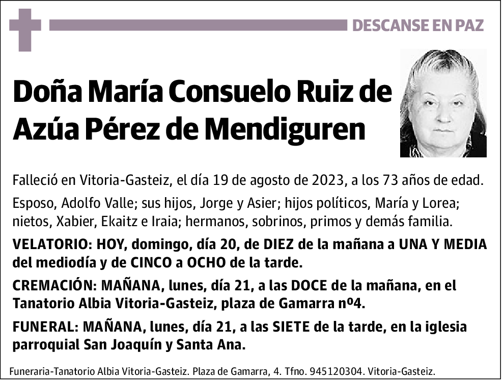 María Consuelo Ruiz de Azúa Pérez de Mendiguren | Esquela | El Correo