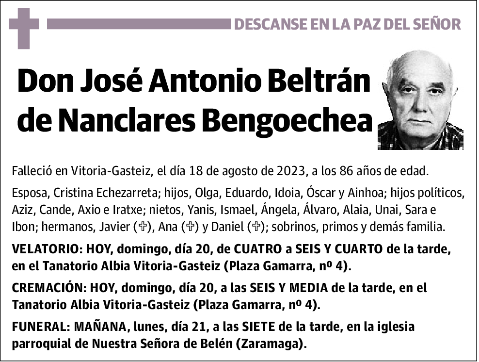 José Antonio Beltrán de Nanclares Bengoechea | Esquela | El Correo