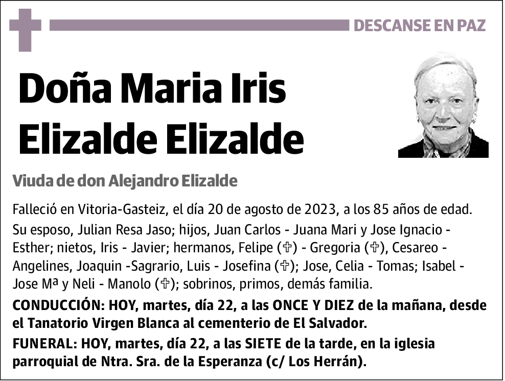 María Iris Elizalde Elizalde | Esquela | El Correo