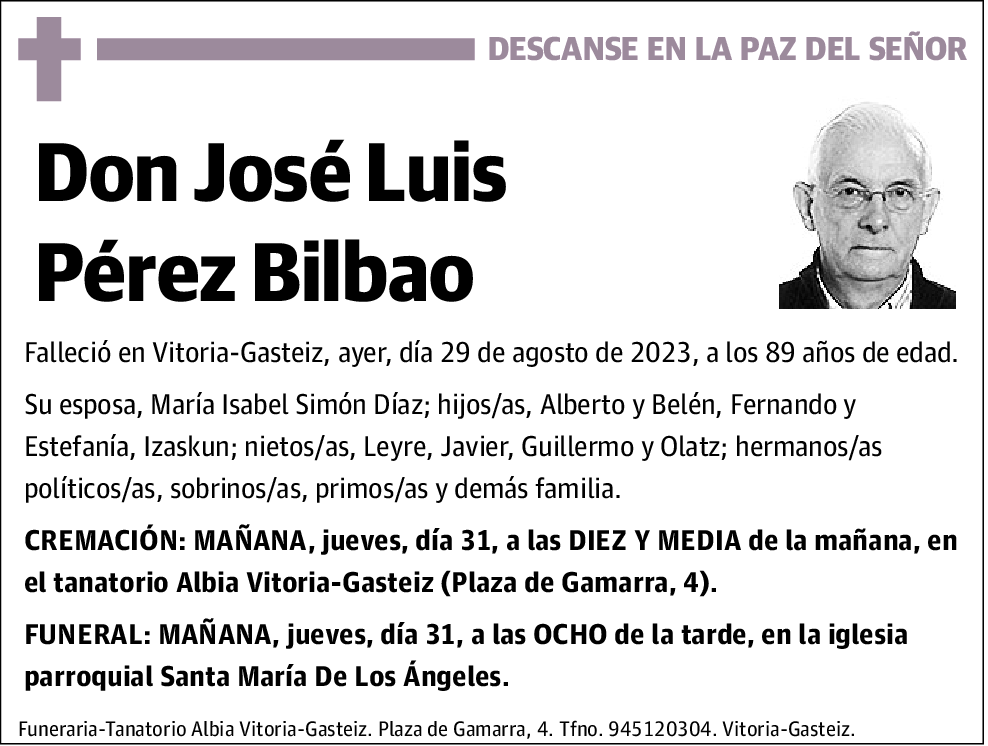 José Luis Pérez Bilbao | Esquela | El Correo