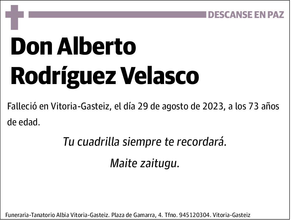 Alberto Rodríguez Velasco | Esquela | El Correo
