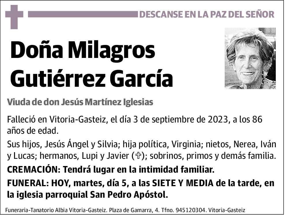 Milagros Gutiérrez García | Esquela | El Correo