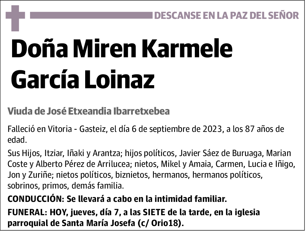 Miren Karmele Garcia Loinaz | Esquela | El Correo