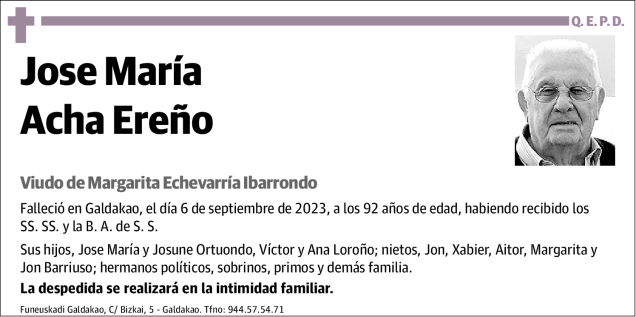 Jose María Acha Ereño | Esquela Necrológica | El Correo