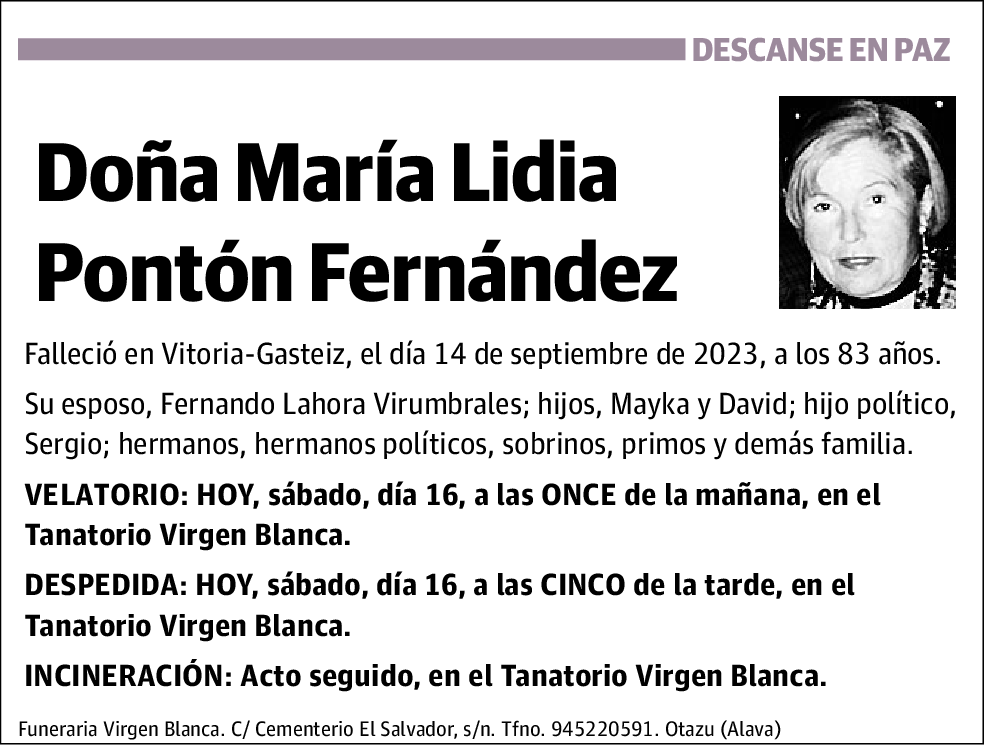 María Lidia Pontón Fernández | Esquela | El Correo