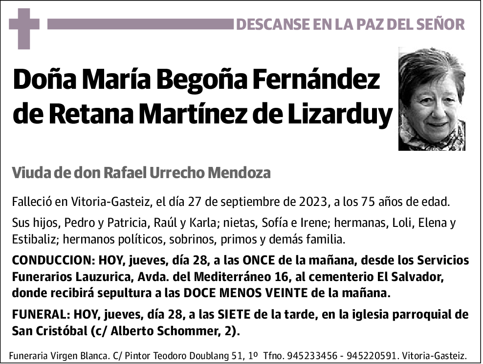 Maria Begoña Fernandez de Retana Martinez de Lizarduy | Esquela | El Correo