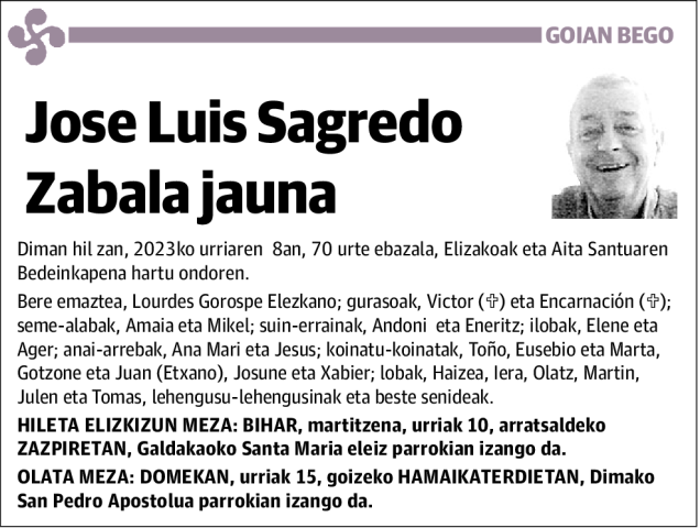 Jose Luis Sagredo Zabala | Esquela Necrológica | El Correo