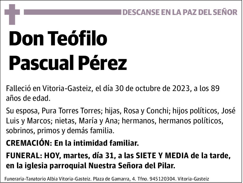 Teófilo Pascual Pérez | Esquela | El Correo