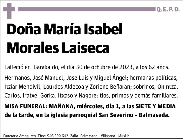 María Isabel Morales Laiseca | Esquela Necrológica | El Correo