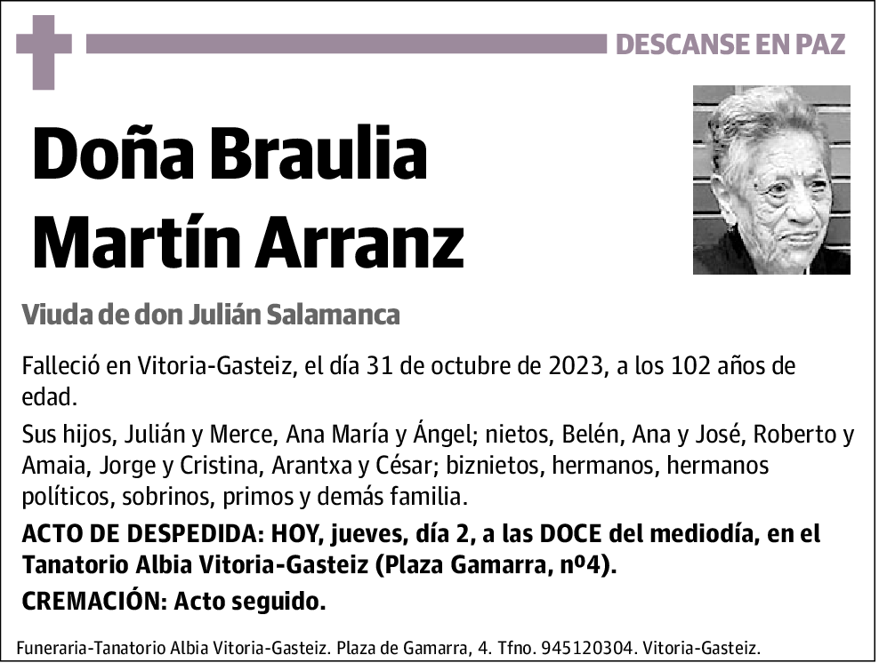 Braulia Martín Arranz | Esquela | El Correo