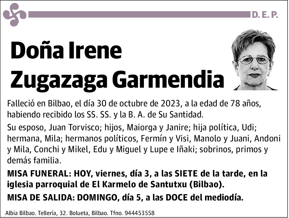 ZUGAZAGA GARMENDIA,IRENE | Esquela | El Correo