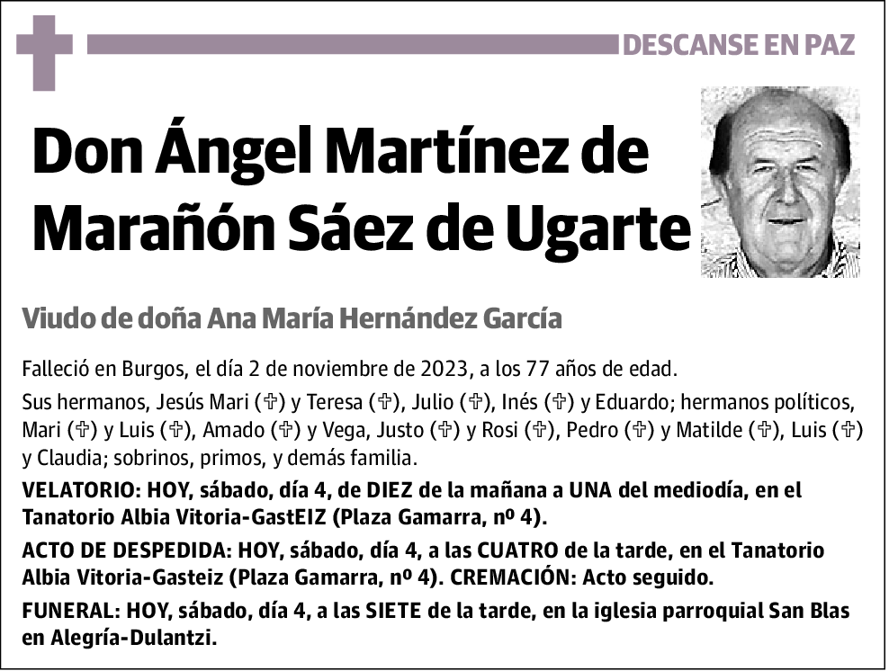 Ángel Martínez de Marañón Sáez de Ugarte | Esquela | El Correo