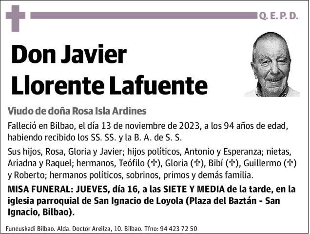 Javier Llorente Lafuente | Esquela Necrológica | El Correo