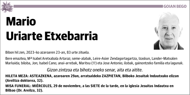 Mario Uriarte Etxebarria | Esquela Necrológica | El Correo