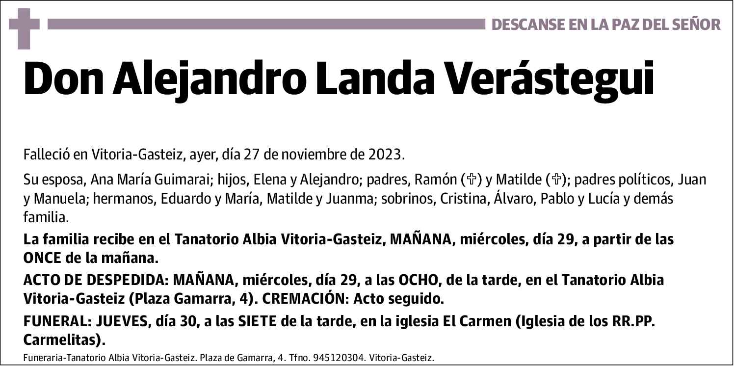 Alejandro Landa Verástegui | Esquela | El Correo