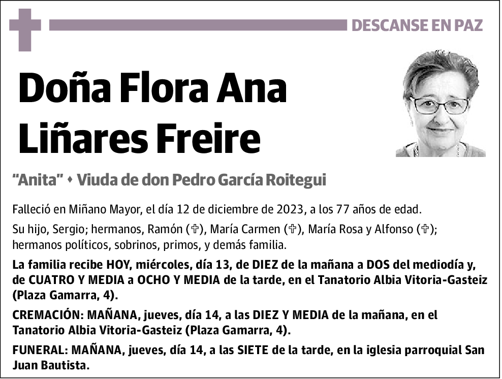 Flora Ana Liñares Freire | Esquela | El Correo