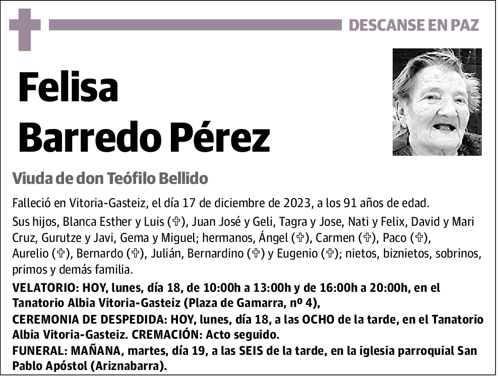Felisa Barredo Pérez | Esquela | El Correo