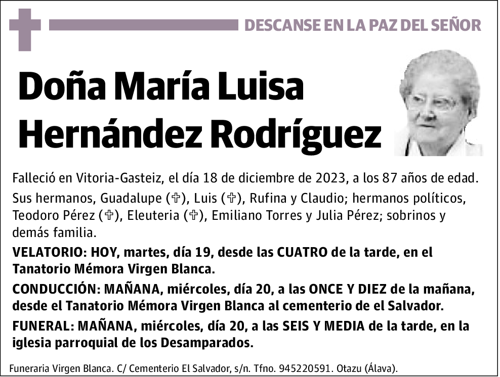 HERNÁNDEZ RODRÍGUEZ,MARÍA LUISA | Esquela | El Correo