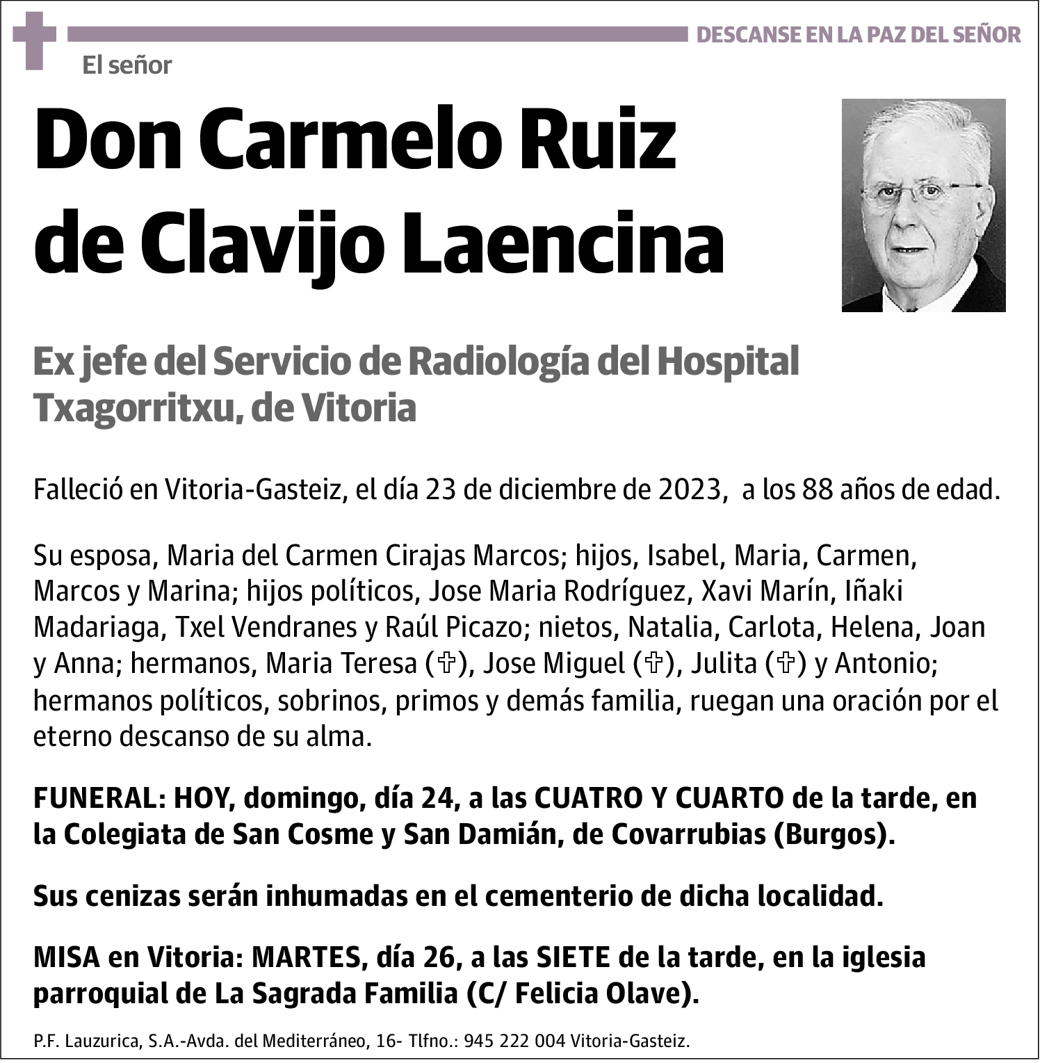 Carmelo Ruiz de Clavijo Laencina | Esquela | El Correo