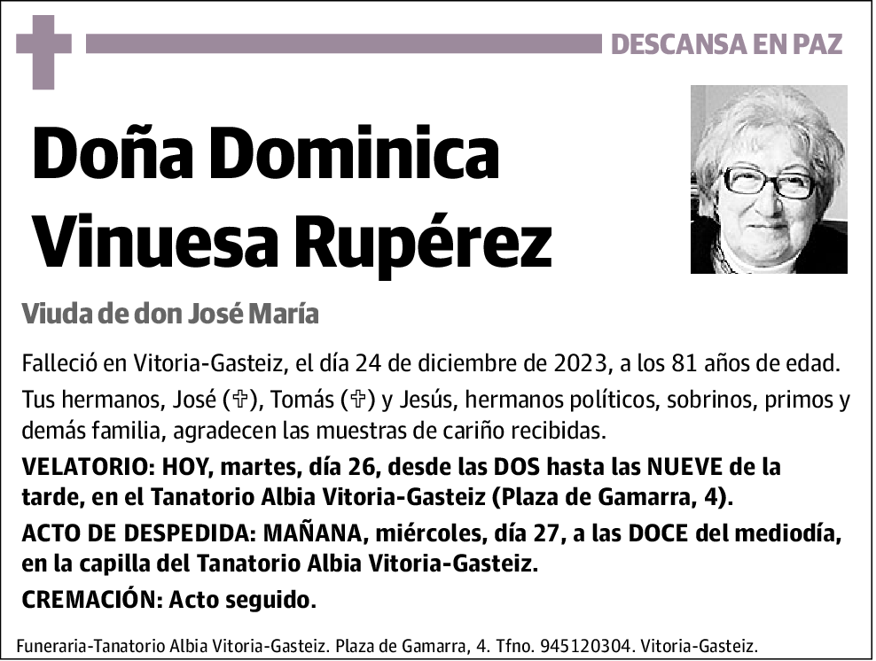 Dominica Vinuesa Rupérez | Esquela | El Correo