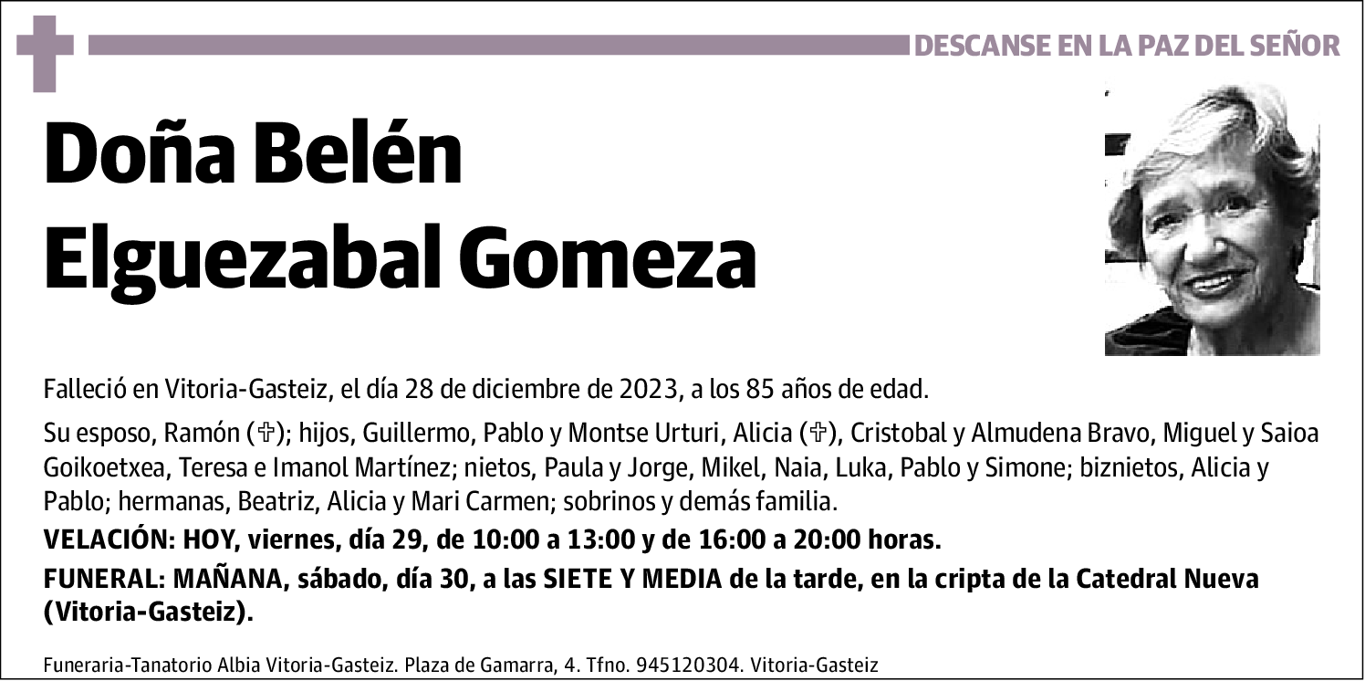 Belén Elguezabal Gomeza | Esquela | El Correo