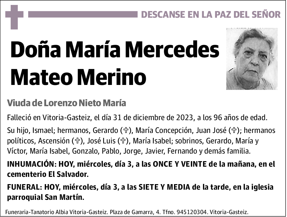 María Mercedes Mateo Merino | Esquela | El Correo
