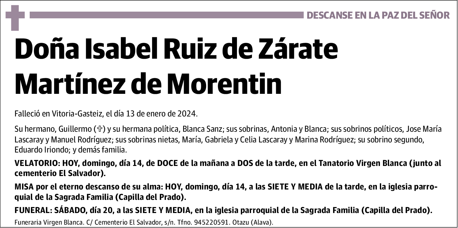 Isabel Ruiz De Zárate Martínez De Morentin | Esquela | El Correo