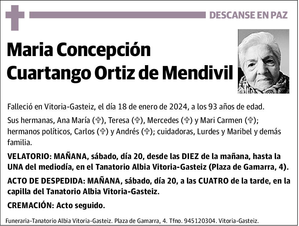 Maria Concepción Cuartango Ortiz de Mendivil | Esquela | El Correo