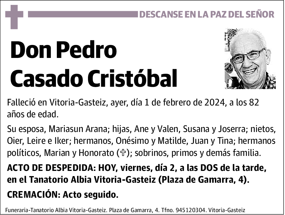 Pedro Casado Cristóbal | Esquela | El Correo