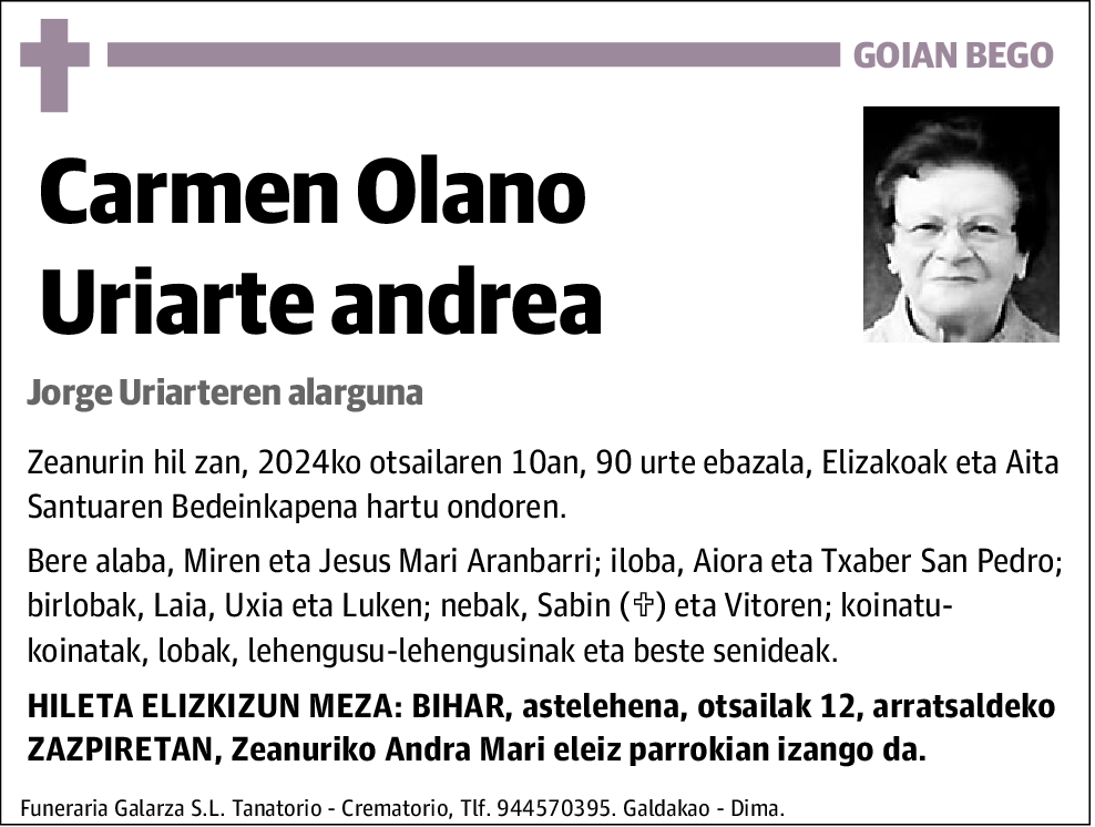 Carmen Olano Uriarte | Esquela | El Correo