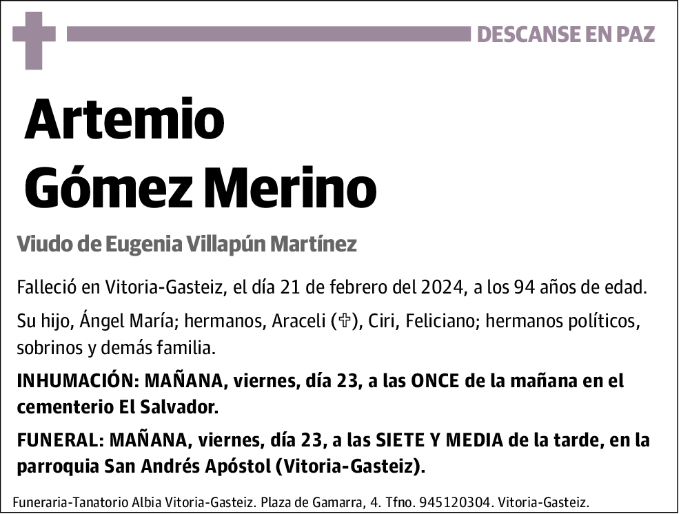 Artemio Gómez Merino | Esquela | El Correo