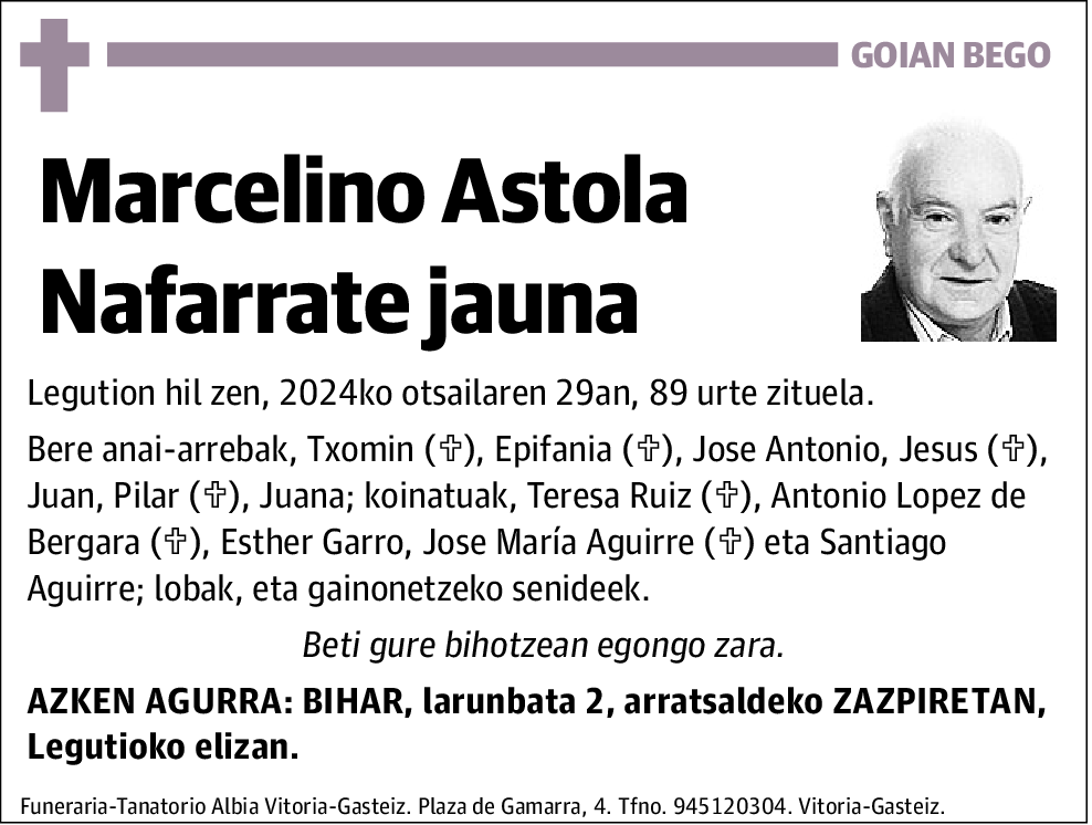 Marcelino Astola Nafarrete | Esquela | El Correo