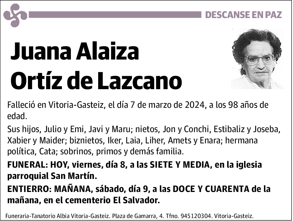 Juana Alaiza Ortíz de Lazcano | Esquela | El Correo